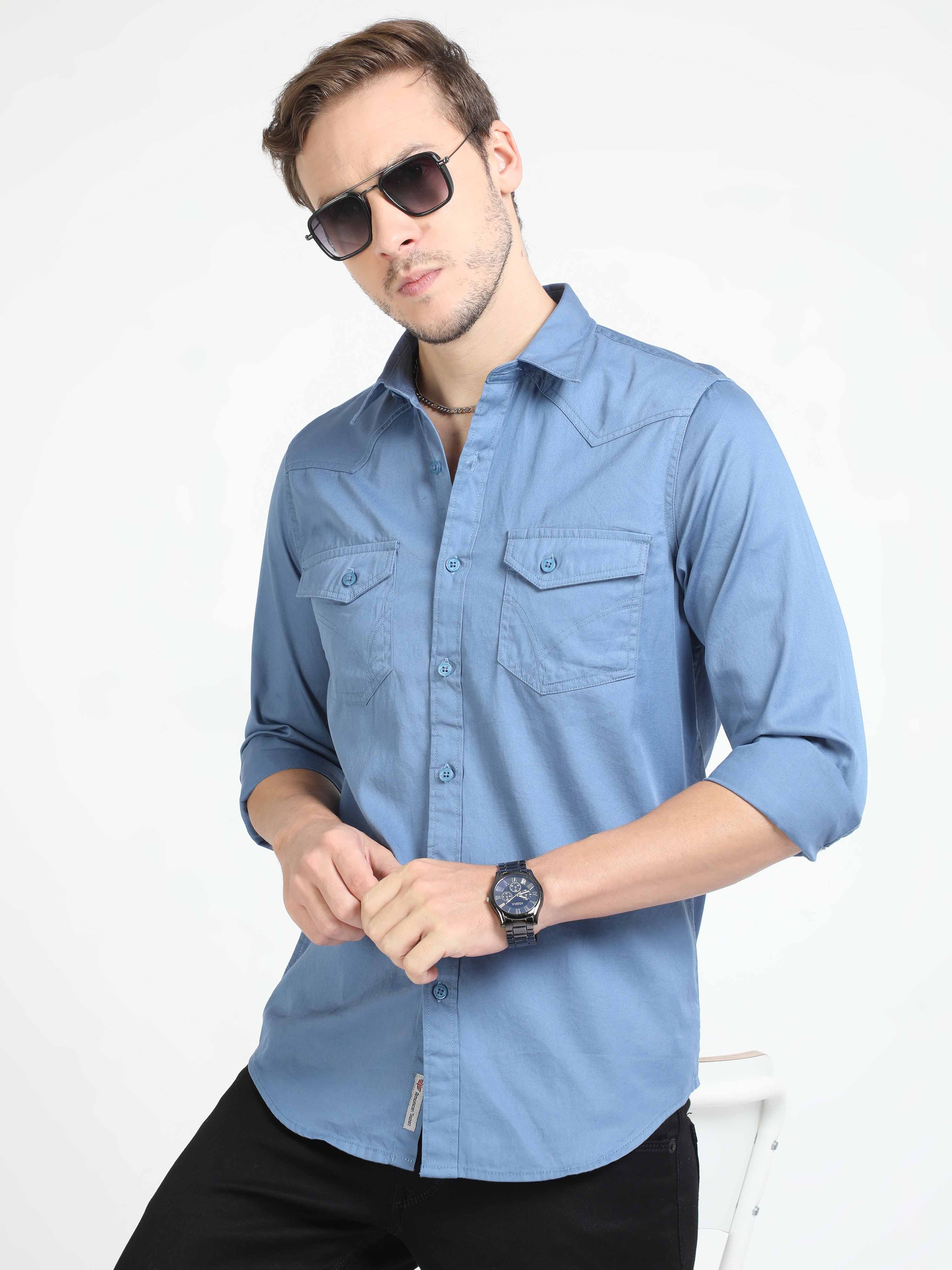 Buy Pale Blue Double Pocket Shirt for Men Online