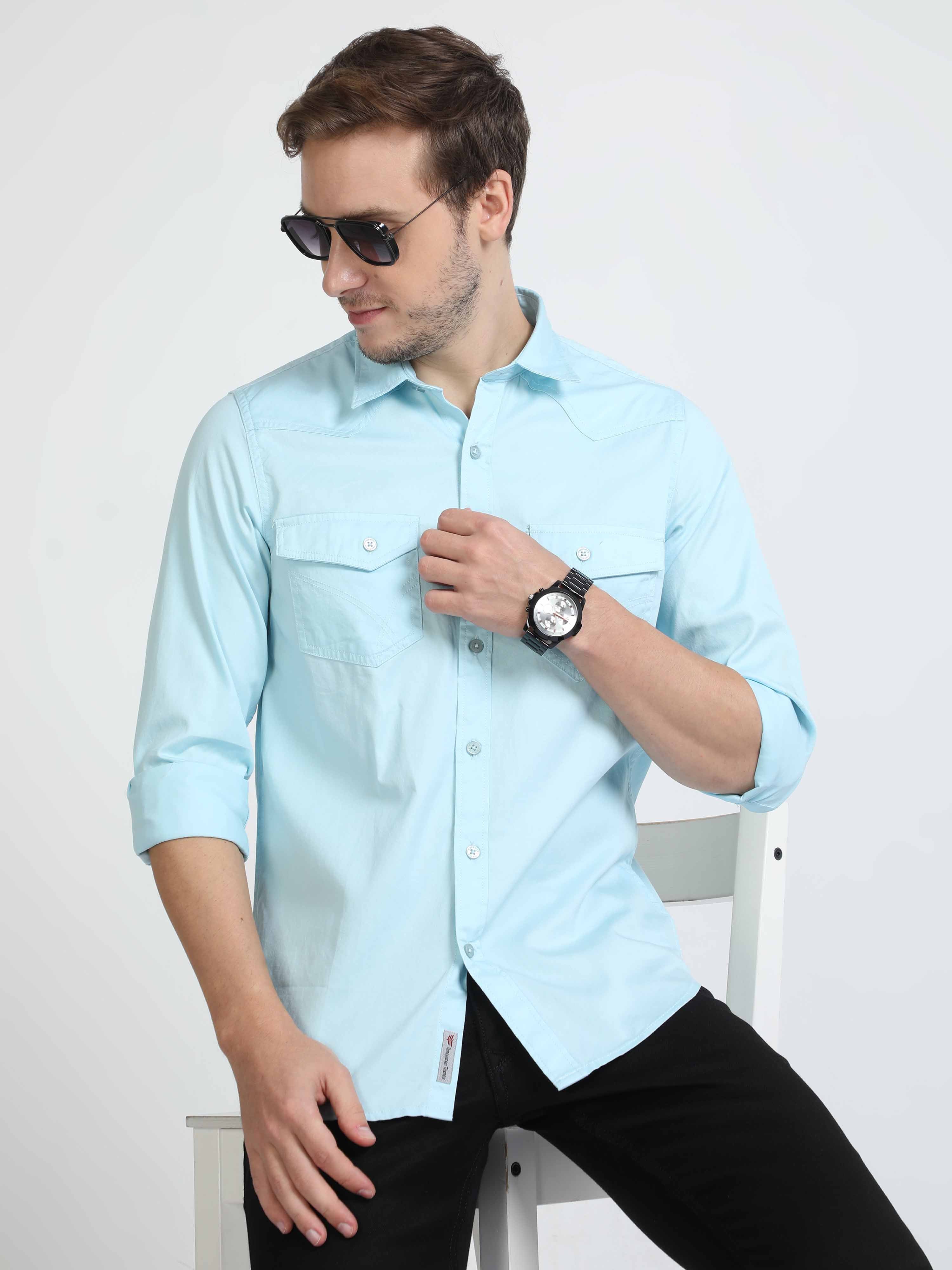 Shop Trendy Sky Blue Double Pocket Shirt for Men Online