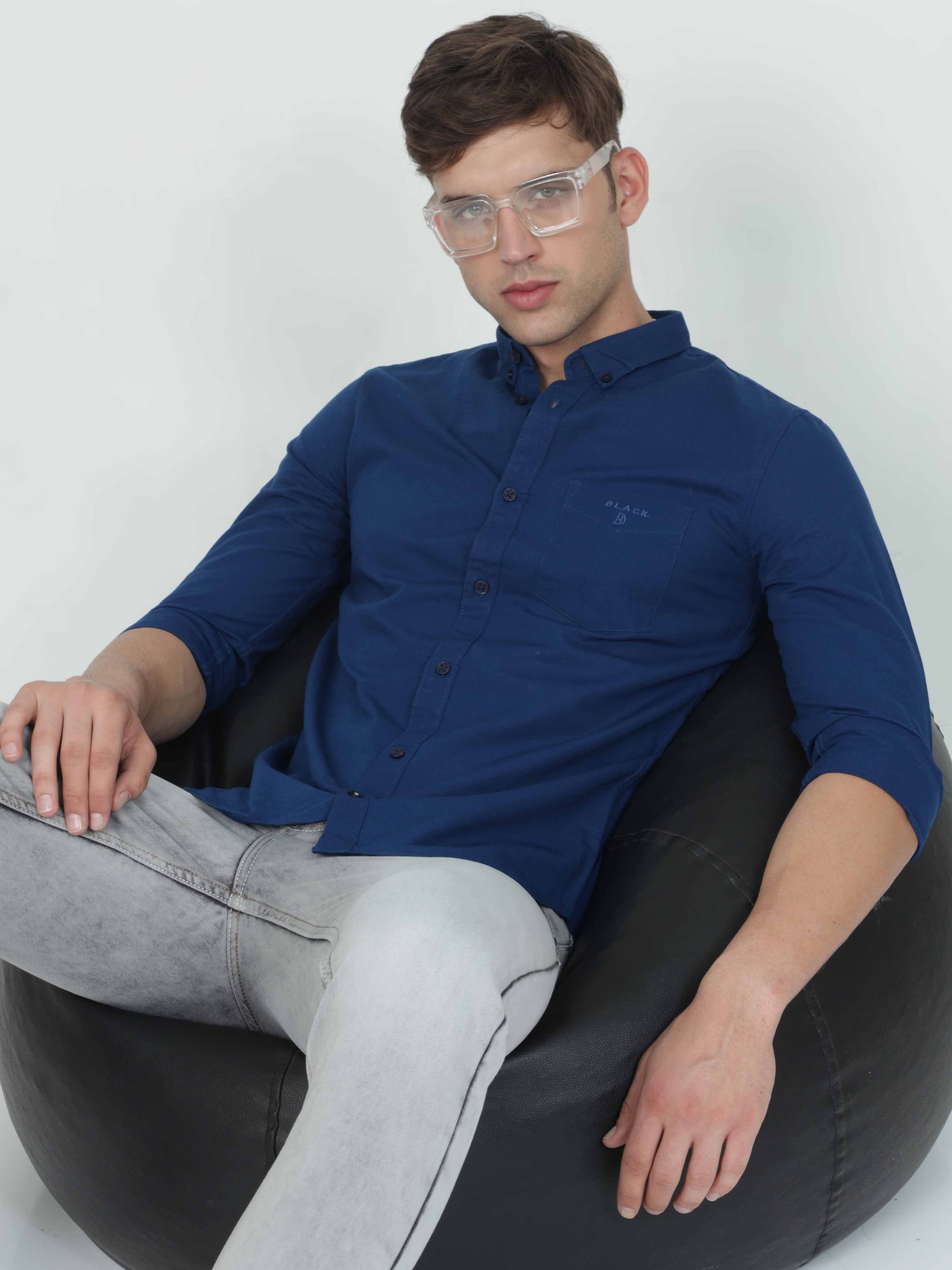 Shop Jute Linen Dark Blue Cotton Shirt for Men Online